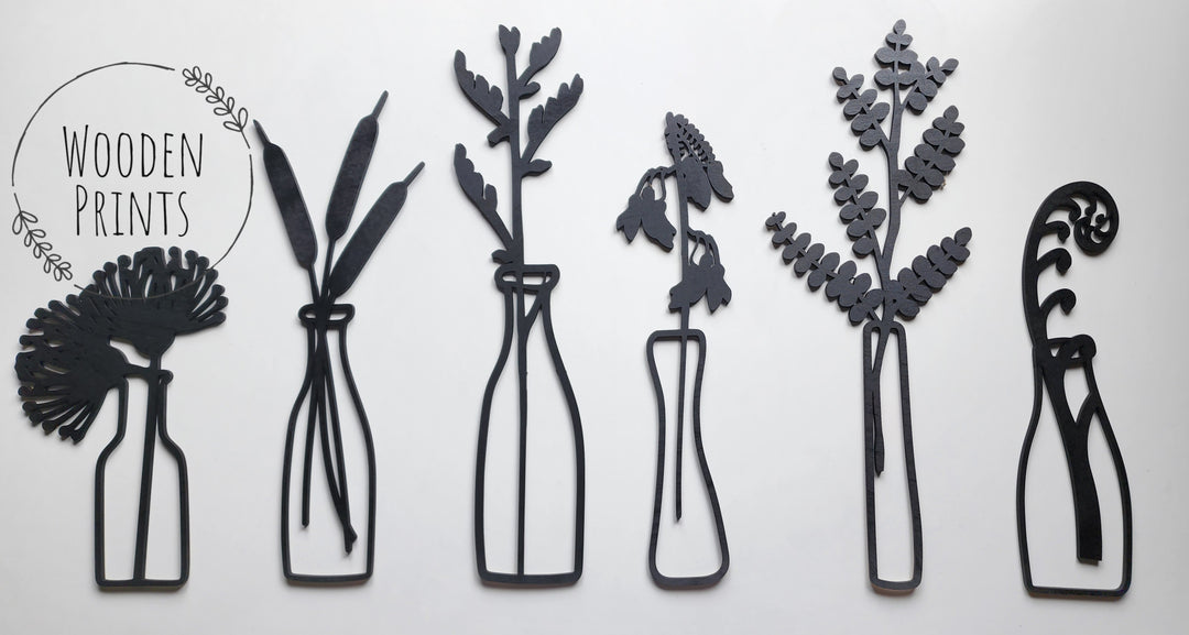 NZ Native Wooden Vase Wall Art – Set of 6 | Kiwiana Decor – Wooden Prints